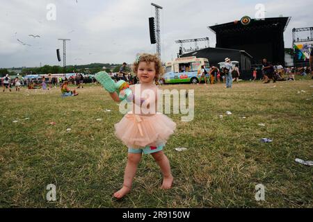 Two year old Arianwen Wain at the Glastonbury Festival at Worthy Farm ...