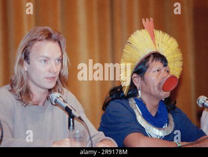 Rock star Sting, left, and Raoni, chief of the indigenous Kayapo Nation ...