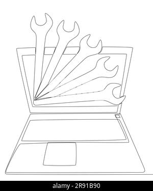 One continuous line of Laptop with Wrench. Thin Line Illustration ...