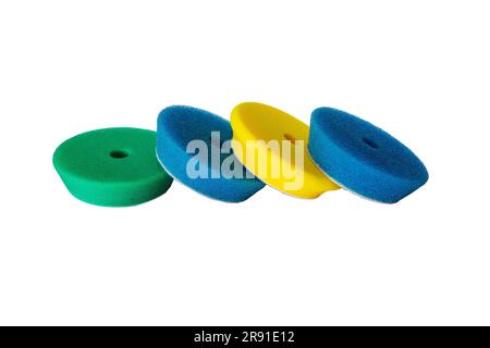 Special multi-colored sponges for polishing the car after painting on a ...