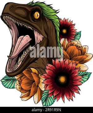 vector illustration of Velociraptor Dinosaur with flower Stock Vector ...