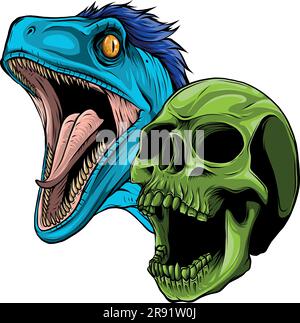 vector illustration of Velociraptor head with human skull Stock Vector ...