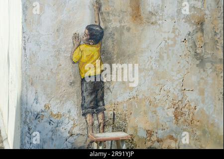 Two Kids on a Bicycle mural by Ernest Zacharevic, Lebuh Armenian (Armenian Street), old Colonial ...