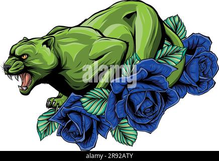 vector illustration of panther with roses on white background Stock ...