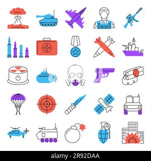 Military weapons colored line icon set. War and army equipment symbols ...