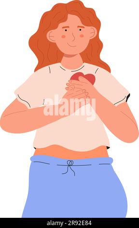 Woman holds her hands on her chest, sign of cordiality, love ...