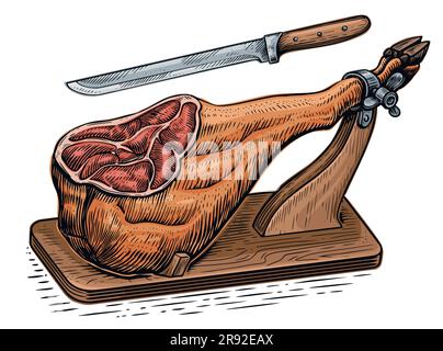 Ham leg on wooden stand. Meat farm pork engraving illustration vector ...