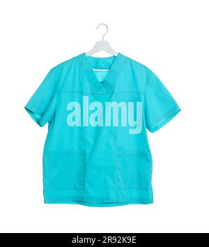 One turquoise medical uniform on rack against white background Stock ...