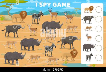 I spy game worksheet with African savannah safari animals, vector kids ...