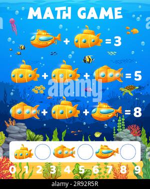 Math game worksheet. Submarine or bathyscaphe, underwater landscape ...