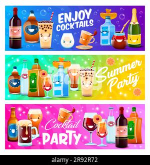 Beer party banner with cute characters of bottles and glass. Invites ...