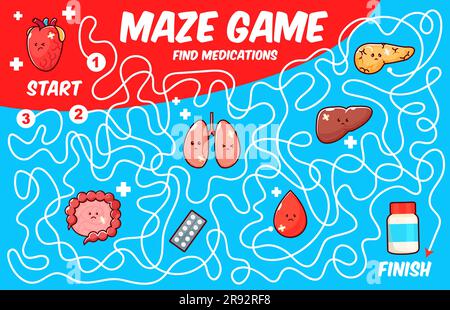 Labyrinth maze game with cartoon body organ characters, vector ...