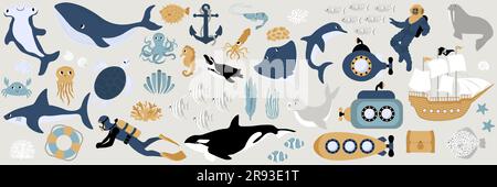 Vector ocean mega set with whale,turtle,jellyfish,shark,crab,octopus ...