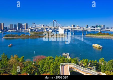 Rainbow Bridge and Odaiba's Autumn Leaves Stock Photo - Alamy