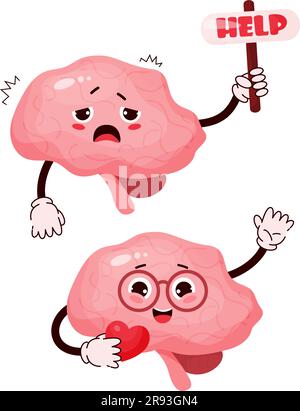 Unhappy sad cartoon brain. Cute character human organ is sick ...
