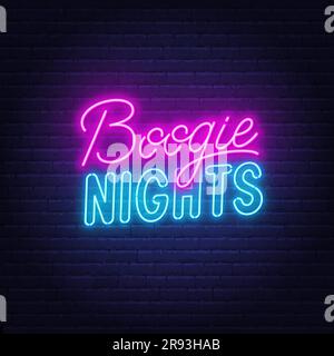 Boogie Night neon lettering on brick wall background. Pink and blue ...