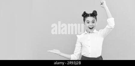 Yippee. Happy kid give winning gesture showing open hand. Celebrating ...