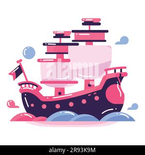 Hand Drawn cute pirate ship in flat style isolated on background Stock ...