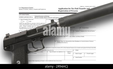 Silencer on a pistol with the public domain ATF form to take possession ...