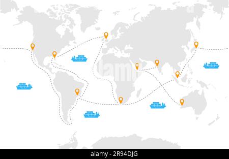 Blue world map with white ships and sea transport routes. Vector ...