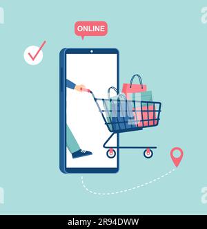 basket in speech bubble with hand pushing ecommerce vector illustration ...