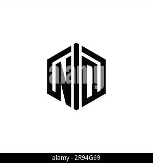ND Letter Logo monogram hexagon emblem shape with stripes outline style ...
