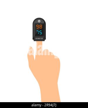 Oximeter on finger. Measurement of pulse and saturation of blood with ...