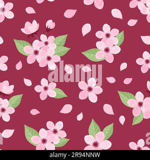 Sakura flowers, buds and leaves. Seamless pattern. Botanical ...