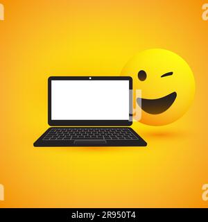 Emoji, Emoticon with Winking Eye and Laptop Computer on Yellow ...