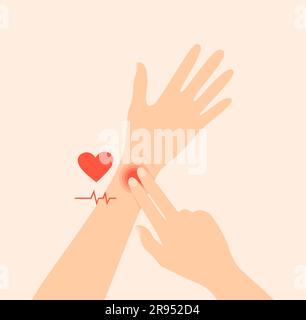 Illustration of a hand checking pulse with two fingers on white ...