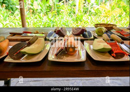 Local ingredients and kitchen tools are lined up for cooking Hoi An ...