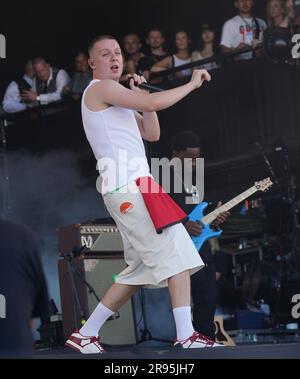 British rapper Aitch performing on the Pyramid Stage, at the ...