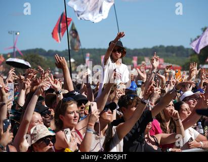 The crowd watching British rapper Aitch performing on the Pyramid Stage ...