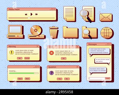 Vector set of 90s old desktop user interface elements. Nostalgic retro ...