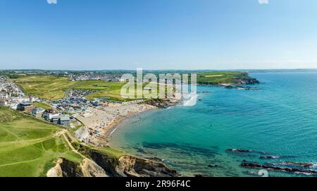 Aerial panorama of the coastline of Bude Bay with bathing beaches ...