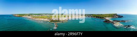 Aerial panorama of the coastline of Bude Bay, from left the beaches ...