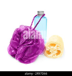 New shower puff and loofah sponge on white background. Personal hygiene ...
