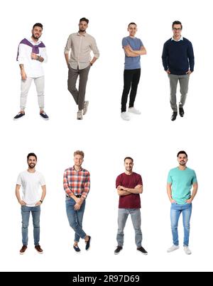 Collage with full length portraits of men and women on white background ...