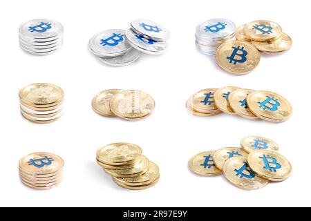 Collage with different bitcoins on white background Stock Photo - Alamy
