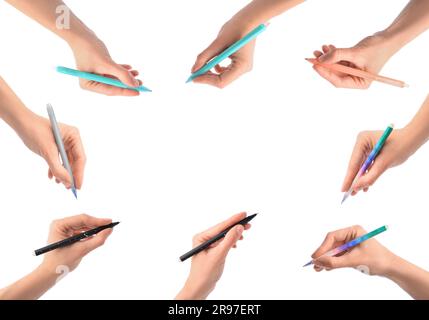 Collage with photos of women holding pens on white background. Banner ...