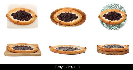 Collage of delicious sweet cottage cheese pastry with jam on white ...