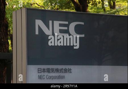 The logo of NEC Corporation is seen in Minato Ward, Tokyo on June 20 ...