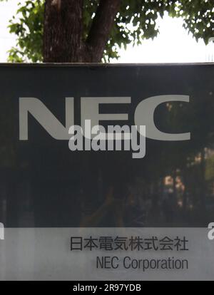 The logo of NEC Corporation is seen in Minato Ward, Tokyo on June 20 ...