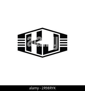 KJ Letter Logo monogram hexagon emblem shape with stripes outline style design template Stock ...