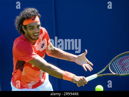 Skander Mansouri (TUN) playing in his first round qualifying match on ...