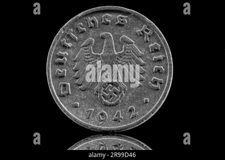 German 1942 One Recihpfennig coin showing an Eagle & Nazi Swastika ...