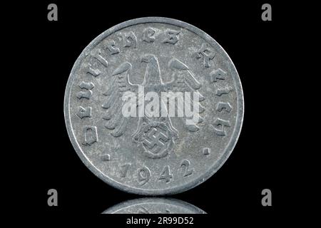 German 1942 One Recihpfennig coin showing an Eagle & Nazi Swastika ...