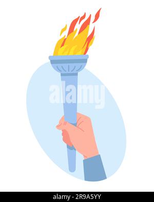 Torch with blazing fire in hand emblem isolated. Flaming torch badge ...