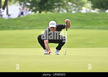 Denny McCarthy lines up a putt on the second hole during the second ...