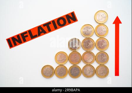 Rows of coins of increasing height, word "inflation", and red arrow ...